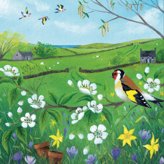 Goldfinch In The Pear Tree Greeting Card | Julia Crossland