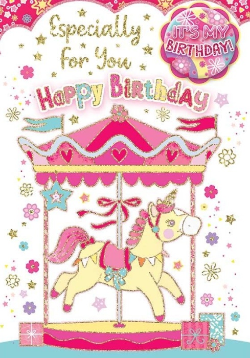 Merry-Go-Round Girl Birthday Card & Badge